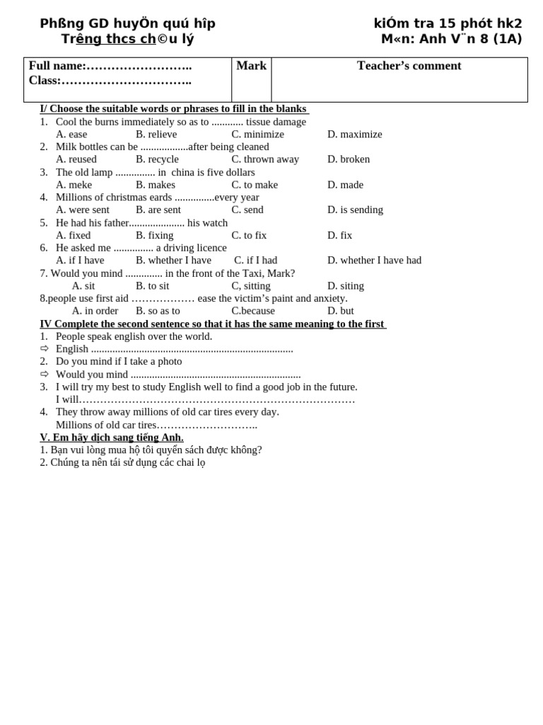 Ngan Hang de Ktra 15 P Anh 8 HKII | PDF