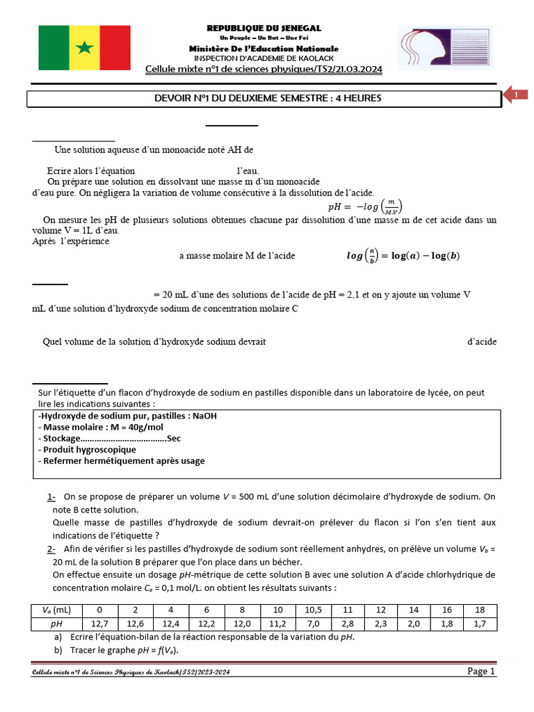 DEVOIR 1.2 TS2.2024 (1) | PDF | Hydroxyde de sodium | Ph