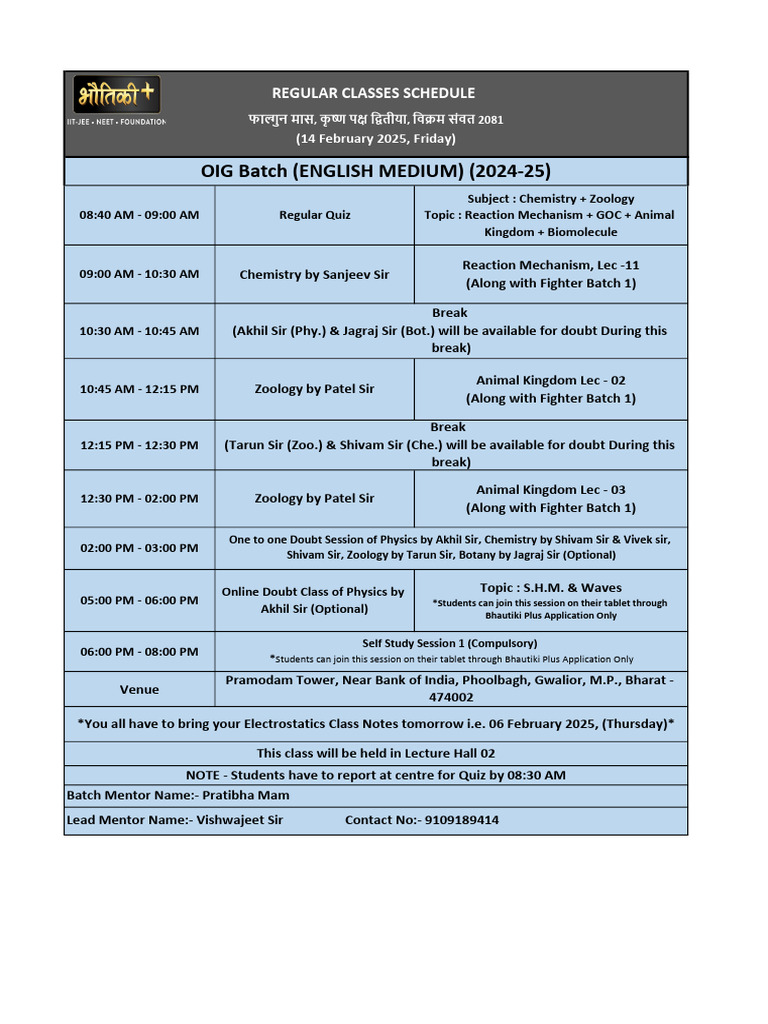 Regular Classes Schedule Fighter OIG (14-02-2025) | PDF | Physical Sciences | Natural Sciences