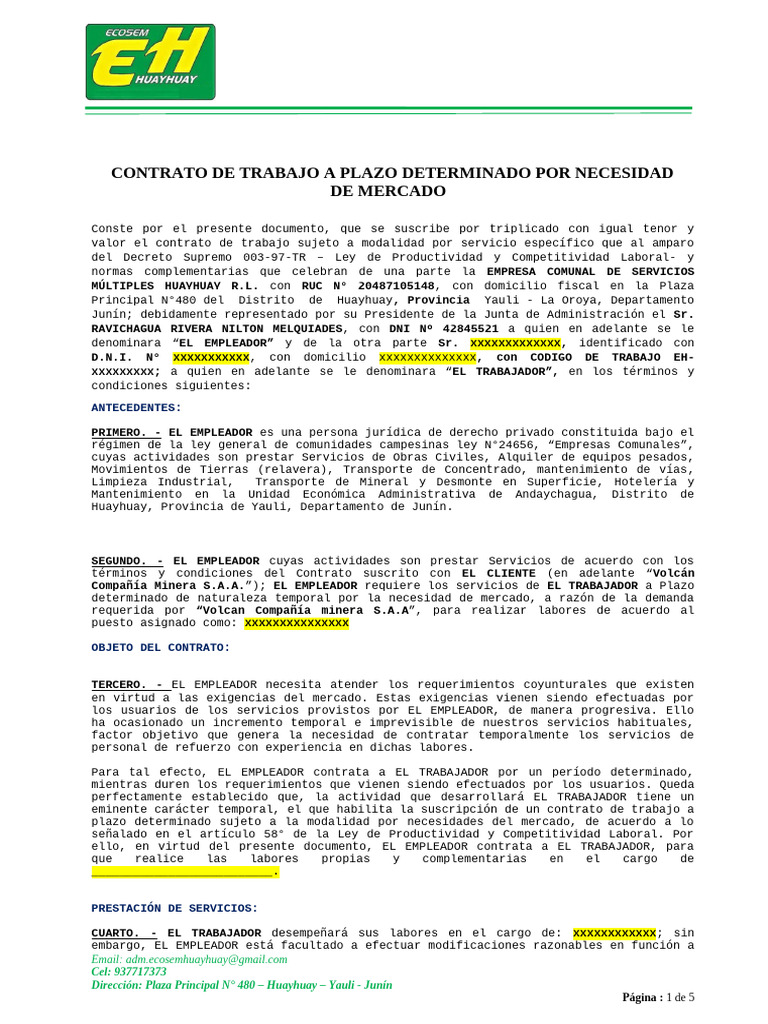 MODELO DE CONTRATO DE TRABAJO A PLAZO DETERMINADO POR NECESIDAD DE MERCADO | PDF | Derecho ...