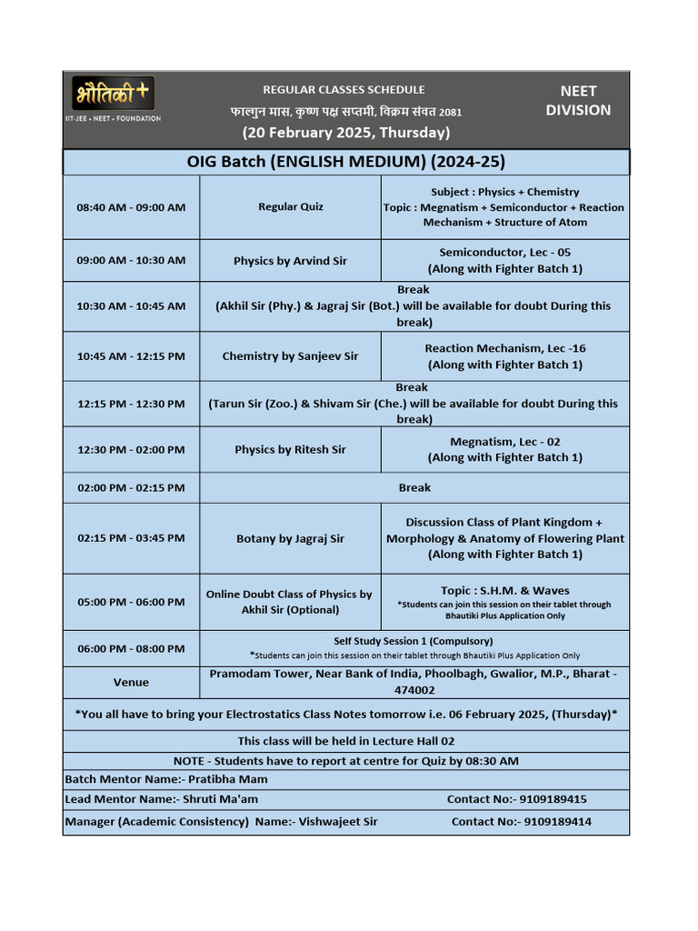 NEET Regular Class Schedule 2025 | PDF | Physical Sciences | Natural Sciences