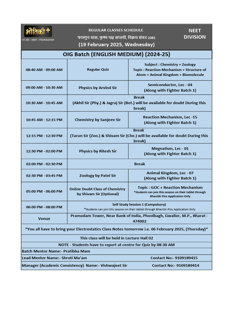 NEET Regular Classes Schedule 2025 | PDF | Chemistry | Physical Sciences