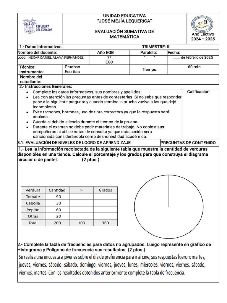 Evaluación Sumativa Tercer Trimestre de Matemática Séptimo Egb 2024-2025... para Imprimir | PDF ...