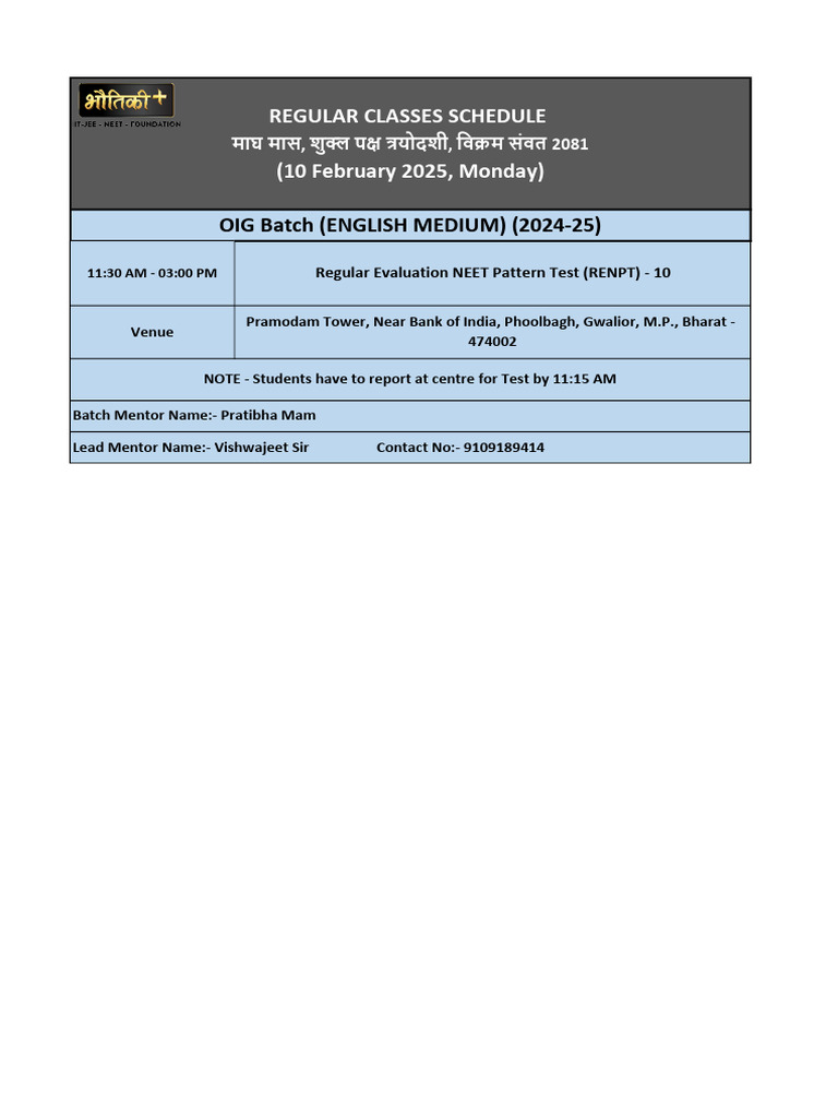 Regular Classes Schedule Fighter OIG (10-02-2025) | PDF