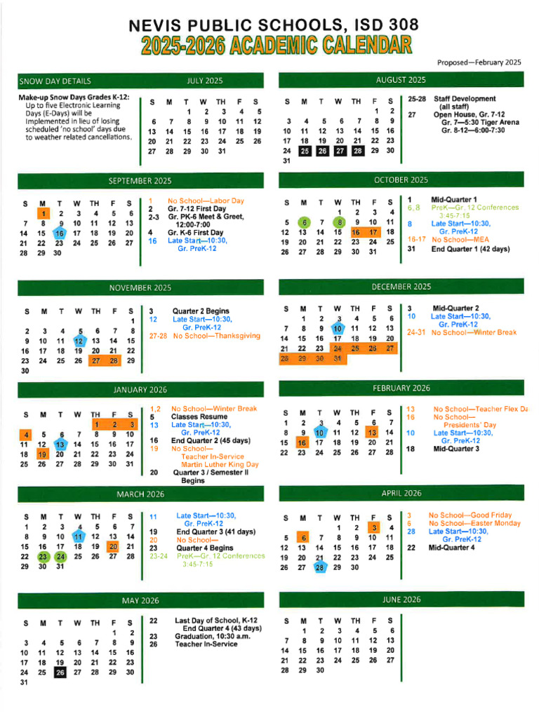2025-26 Nevis School K-12 School Year Calendar | PDF