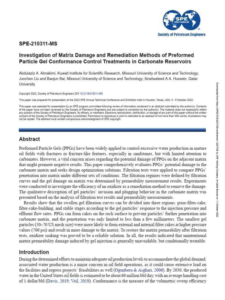 SPE-210311-MS Investigation of Matrix Damage and Remediation Methods of Preformed Particle Gel ...