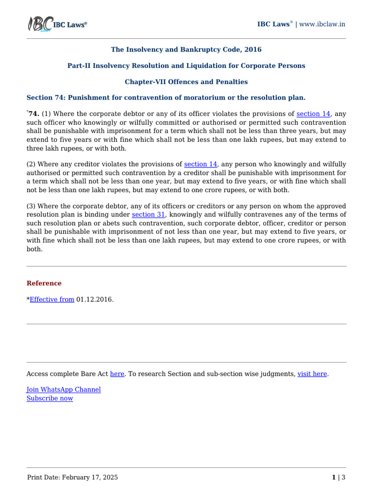Section 74 Punishment For Contravention of Moratorium or The Resolution ...