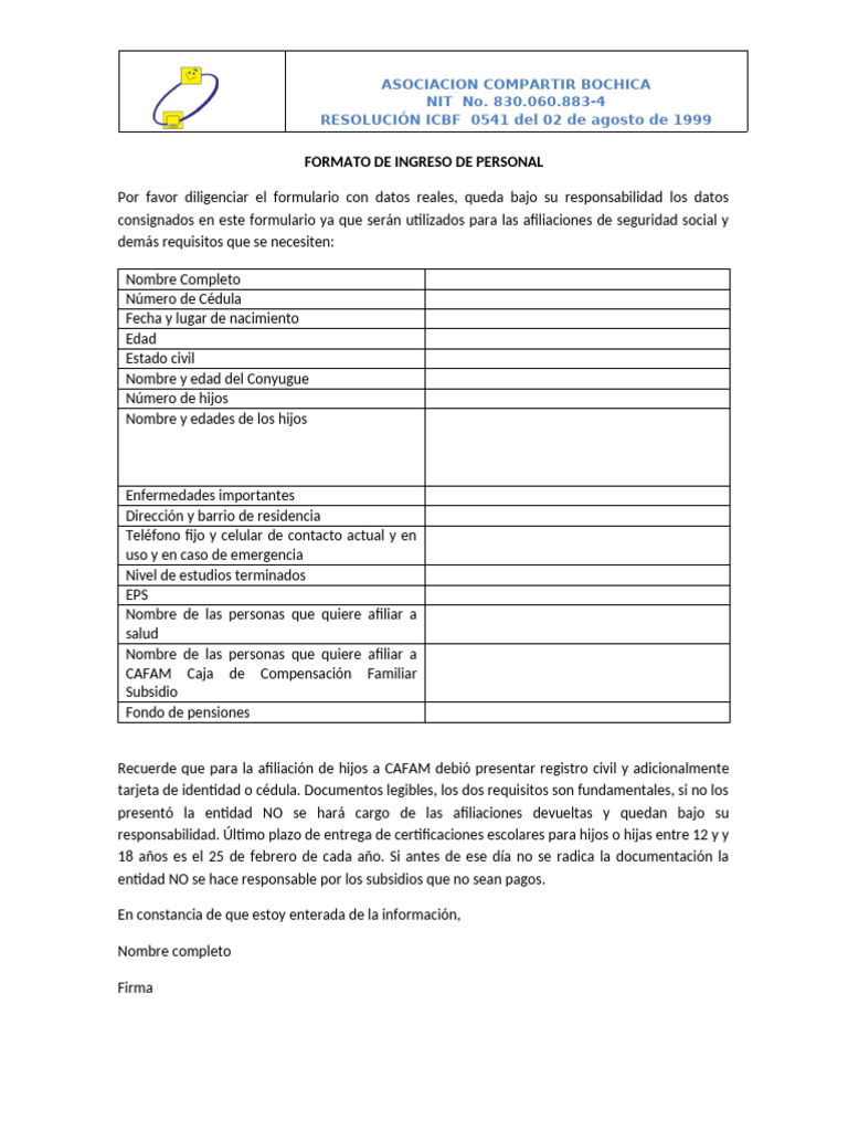7. Formato de Ingreso de Personal | PDF