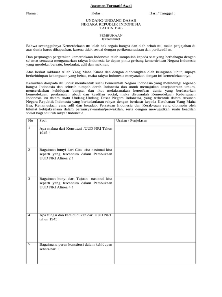 Asesmen Formatif Awal Kelas 8 Agsts 24 | PDF