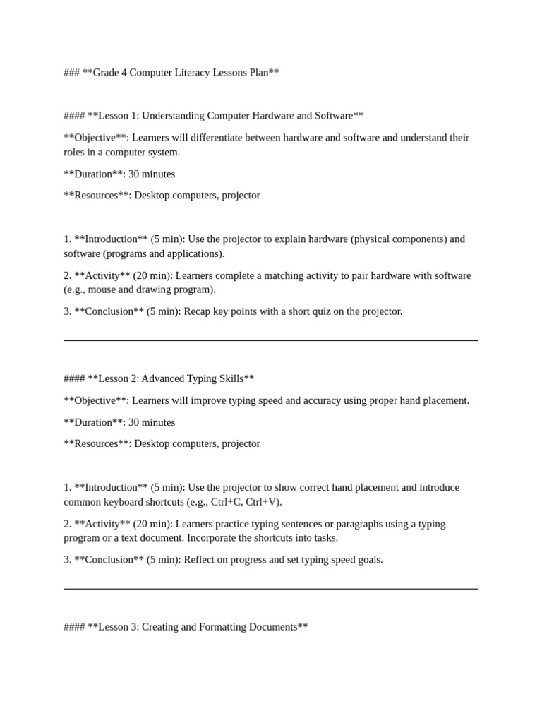 Grade 4 Computer Literacy Lessons Plan | PDF