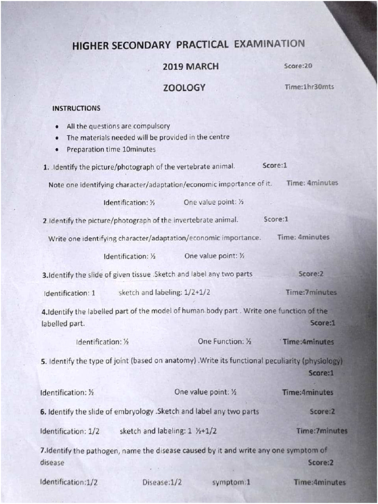 Kerala Plus Two Zoology Practical Exam Question Paper 2019 | PDF