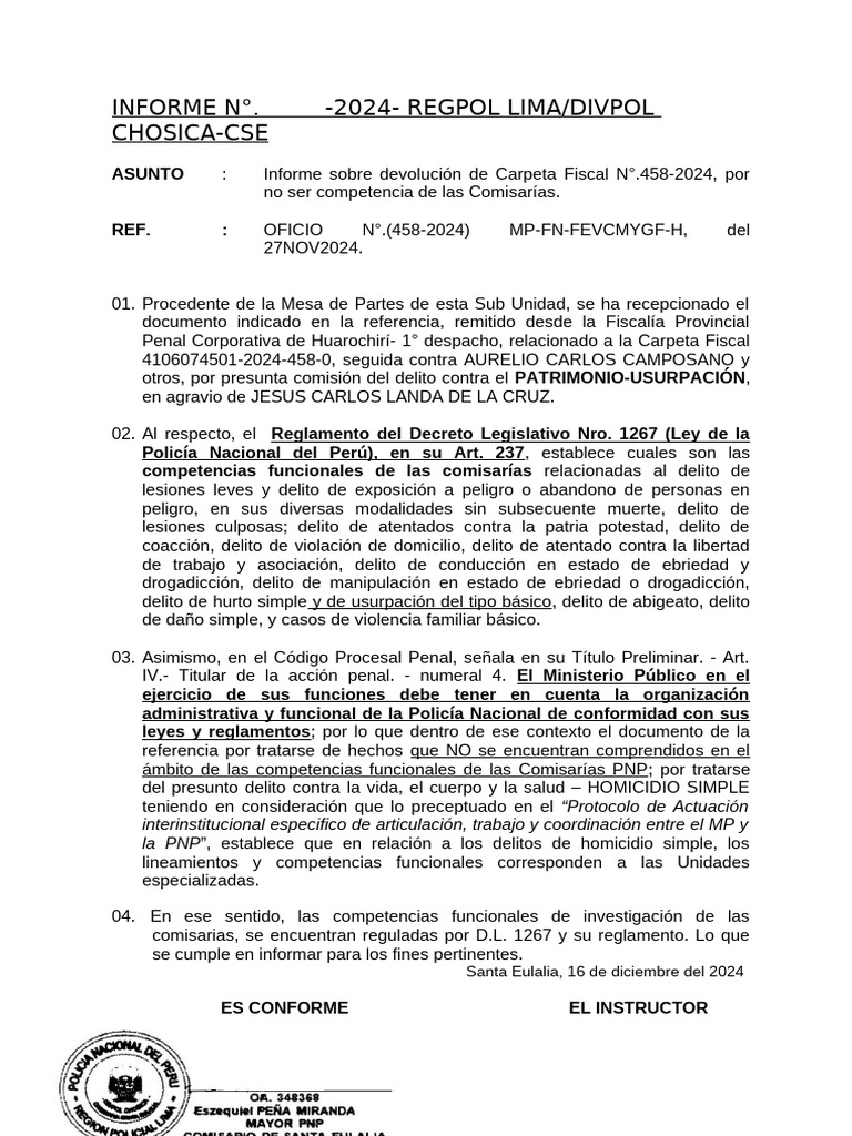 Informe Devolucion de Carpeta 1 | PDF | Crímenes | Crimen y violencia