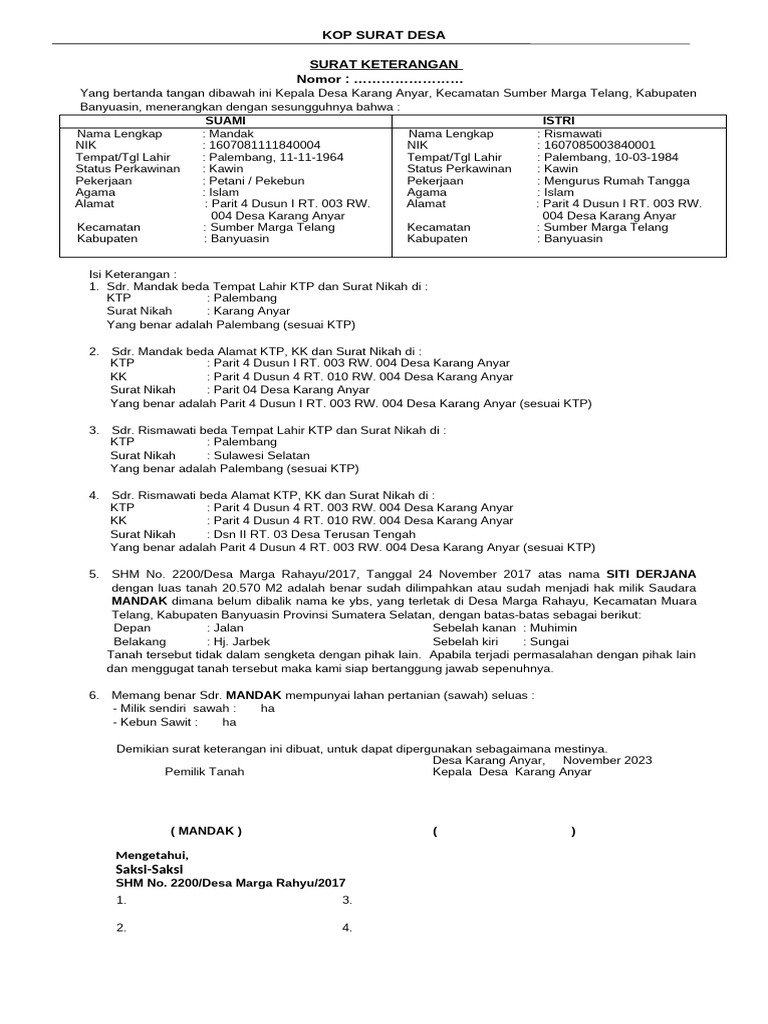 Surat Desa Mandak 1 | PDF