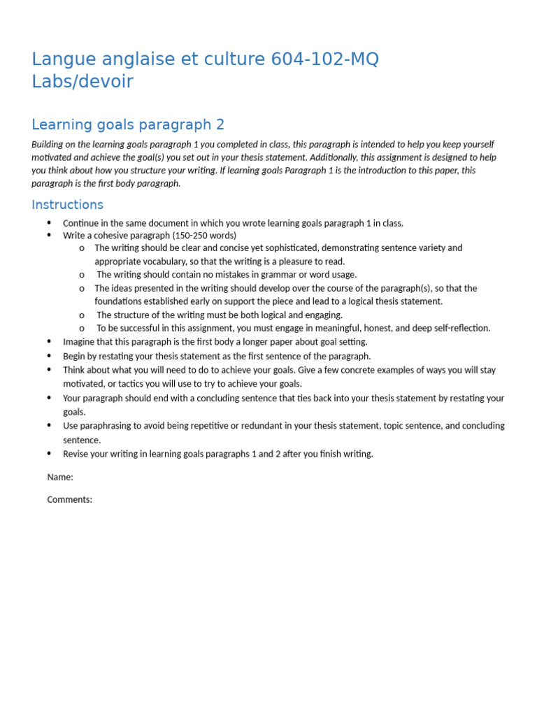 Learning Goals Paragraph 2 102 MQ | PDF | Writing | Cognition