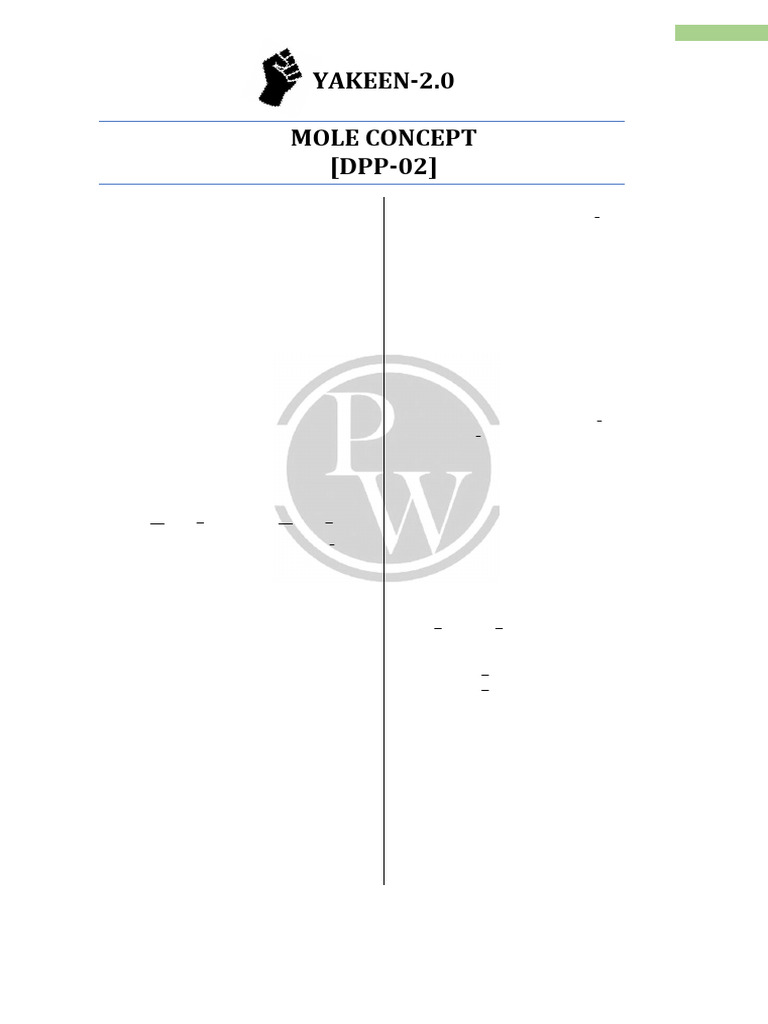 Mole Concept - DPP 02 (Of Lec 03) - DPP-02 - Mole Concept - Chemistry - Yakeen 2.0 - Puneet Sir ...