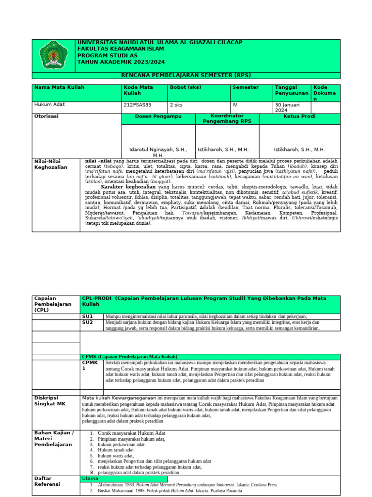 RPS Hukum Adat Semester Genap | PDF