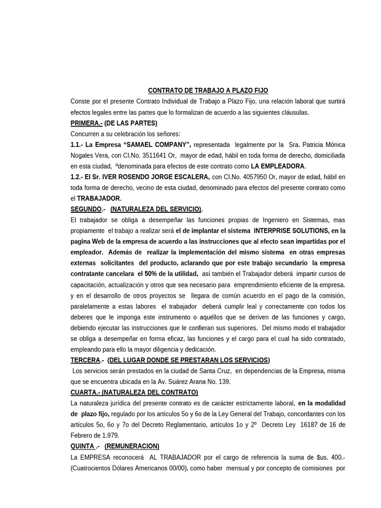 Contrato A Plazo Fijo de Iver Rosendo | PDF | Labor | Business