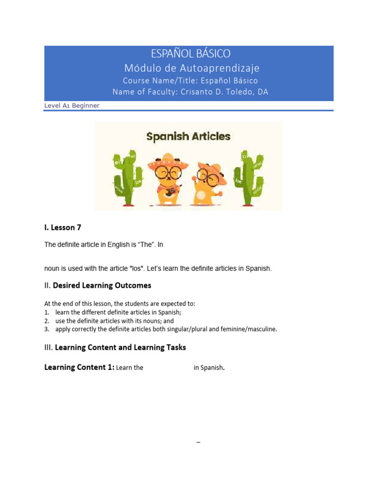 SPAN1 UNIT 7 the Spanish Definite Articles | PDF