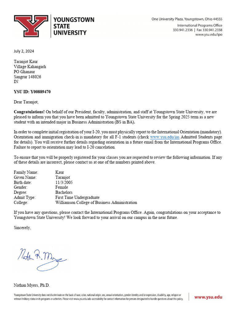 YSU International Admission Letter - Undergraduate Freshman | PDF