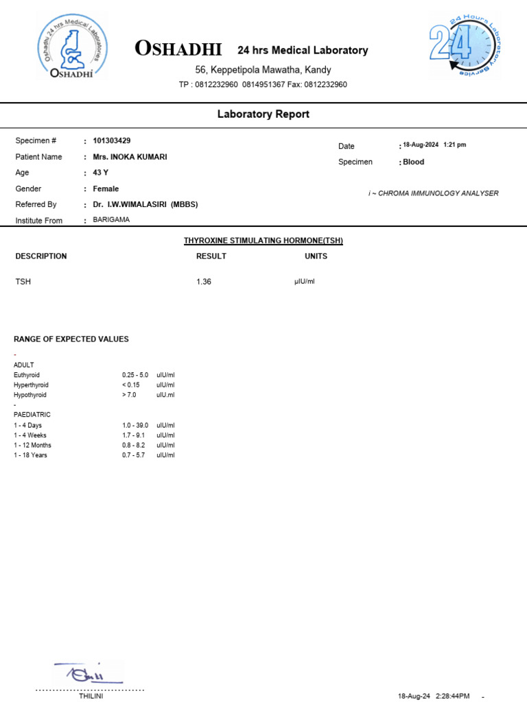 TSH Blood Test Report for Mrs. Inoka Kumari | PDF
