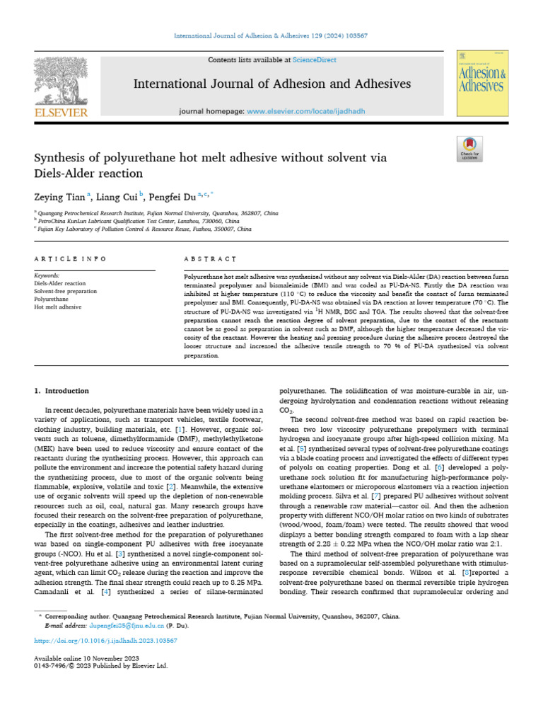 Synthesis of Polyurethane Hot Melt Adhesive Without Solvent Via Diels ...