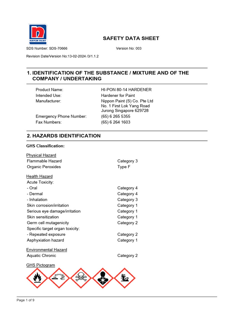 Hi Pon 80 14 Hardener SDS - 08.02.2024 | PDF | Dangerous Goods | Toxicity