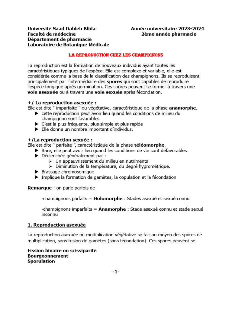 Reproduction des champignons : Asexuée et sexuée | PDF | Spore | Femelle