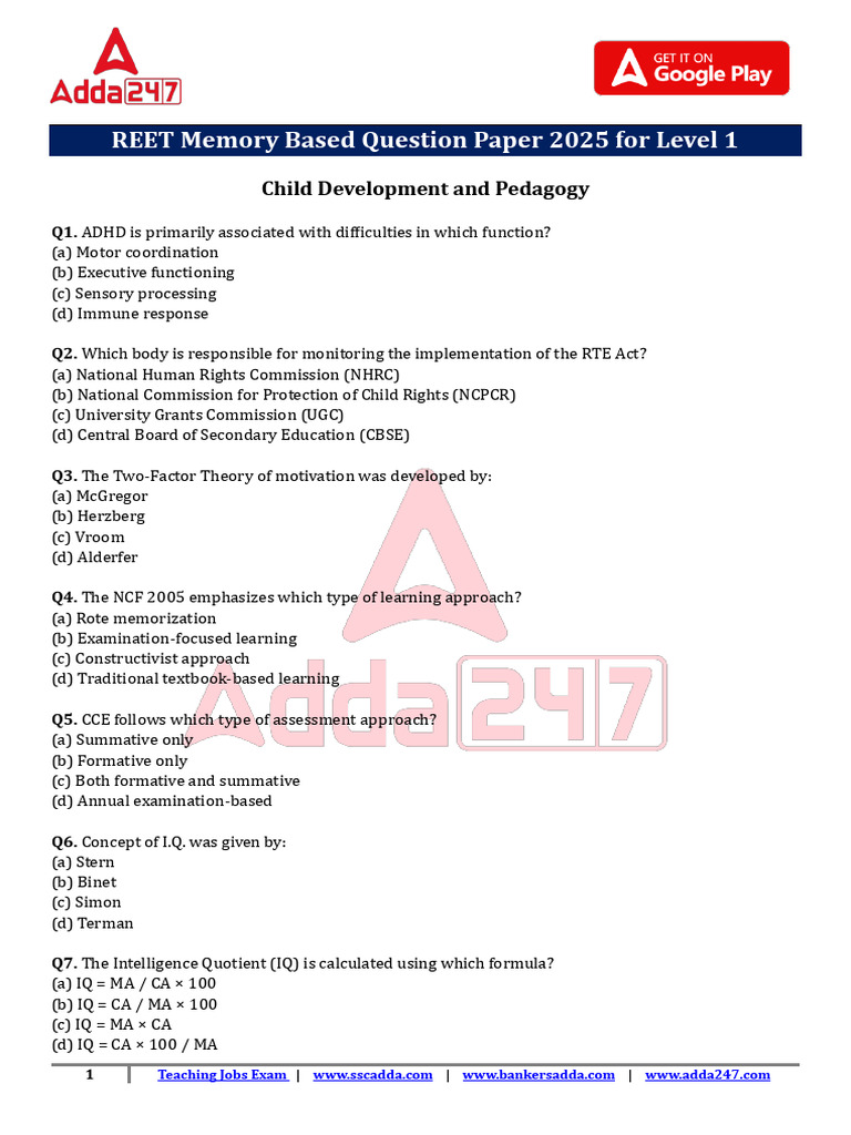 REET Level 1 Memory-Based Questions | PDF | Intelligence Quotient