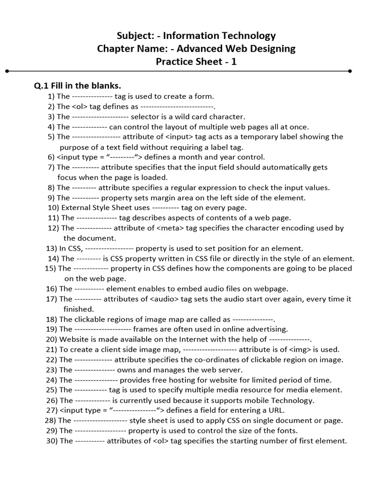 Practice Sheet 1 | PDF | Html Element | World Wide Web