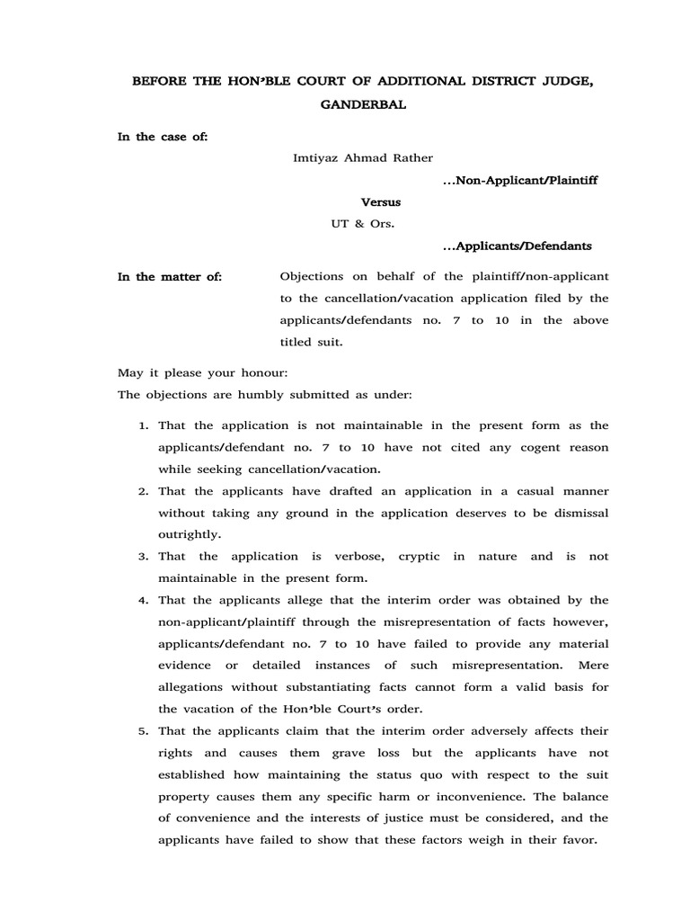 imtiyaz ahmad rather vs UT objections to cancellation, vacation application | PDF | Lawsuit ...