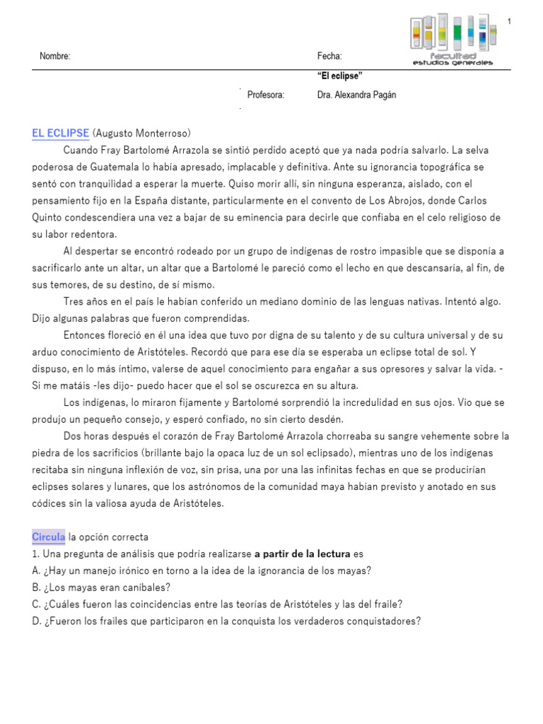 Comprension Lectora - El Eclipse | PDF | Civilización maya | Aristóteles
