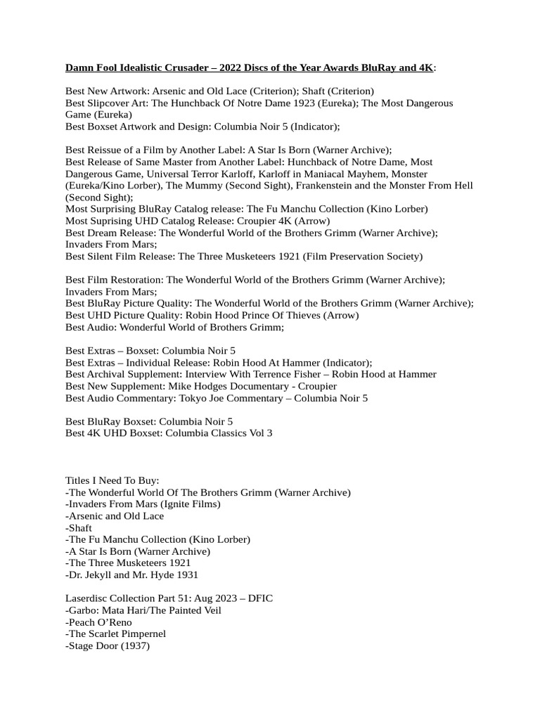 BluRay - Damn Fool Idealistic Crusader - Best BluRay of 2022 List | PDF