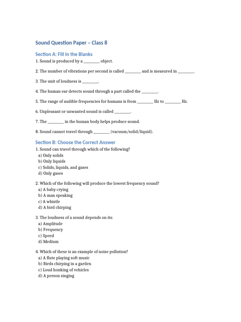 Class 8 Sound Question Paper | PDF