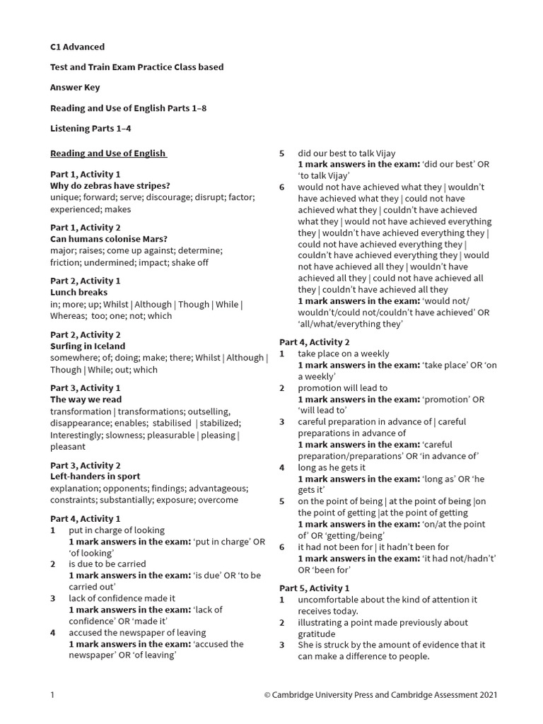 Test and Train Exam Practice C1 Advanced Answer Key | PDF