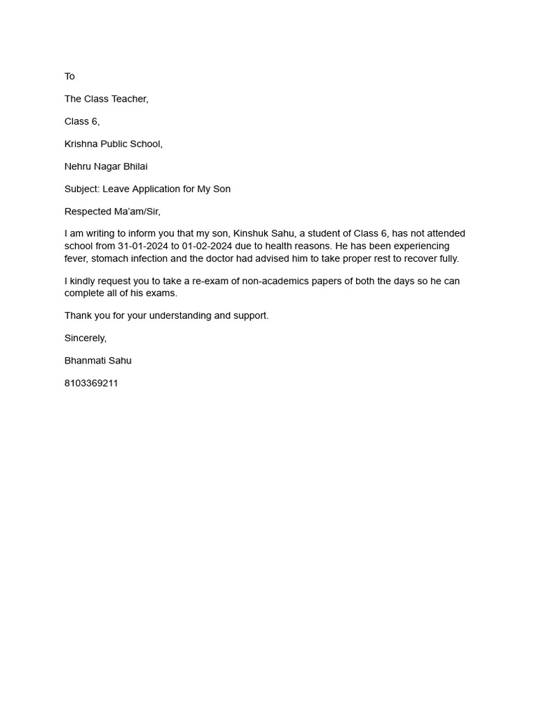 Leave Application for Class 6 Student | PDF