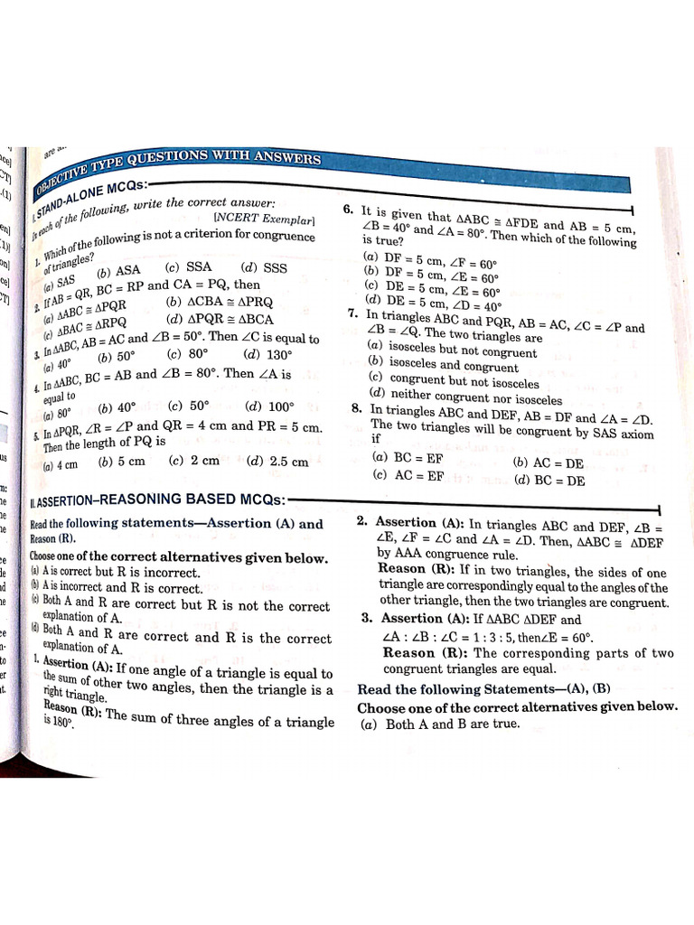 Triangles 1 Mark MCQ | PDF