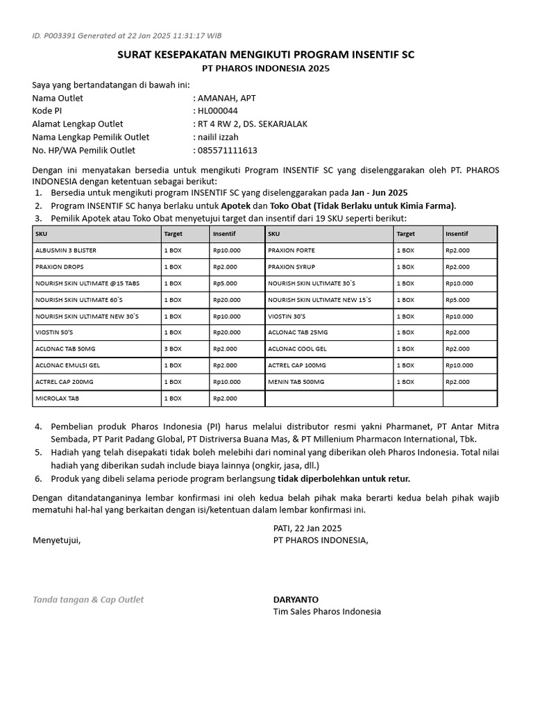 Surat Kesepakatan Program Insentif SC-2 | PDF