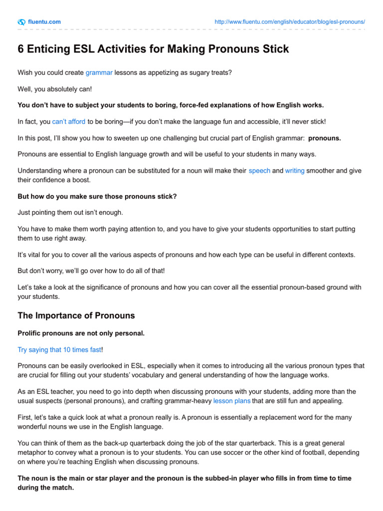 Fluentu 6 Enticing Esl Activities for Making Pronouns Stick | PDF ...