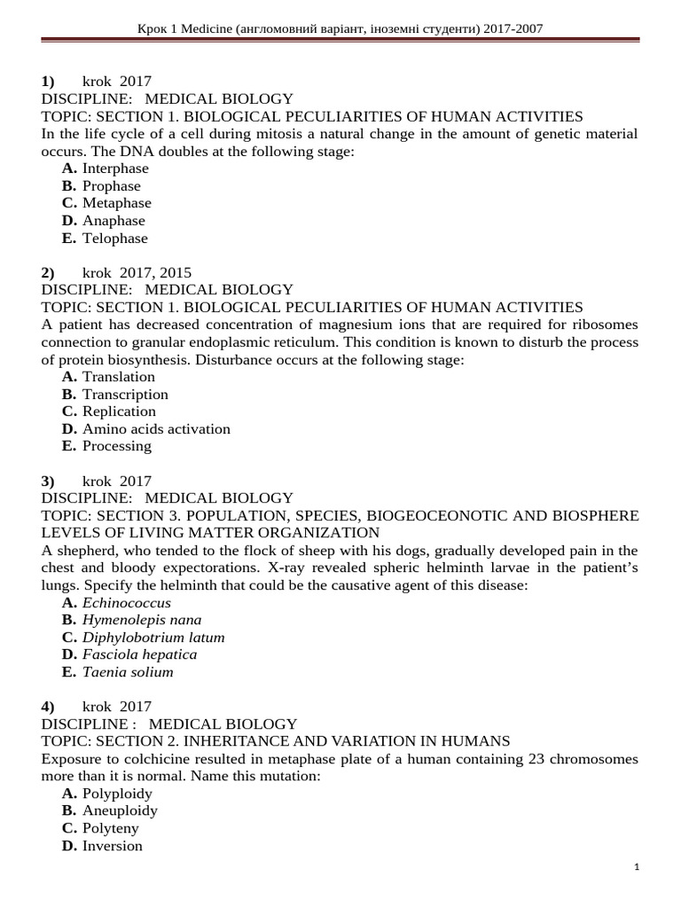 Krok 1 Medicine: Medical Biology Questions | PDF | Mitosis | Genetics