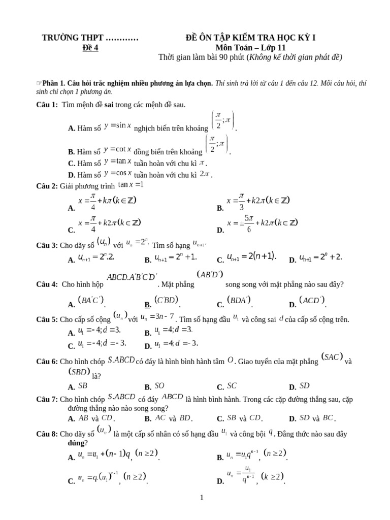 Đề 04 Ôn Tập Cki - toán 11 (CD) | PDF