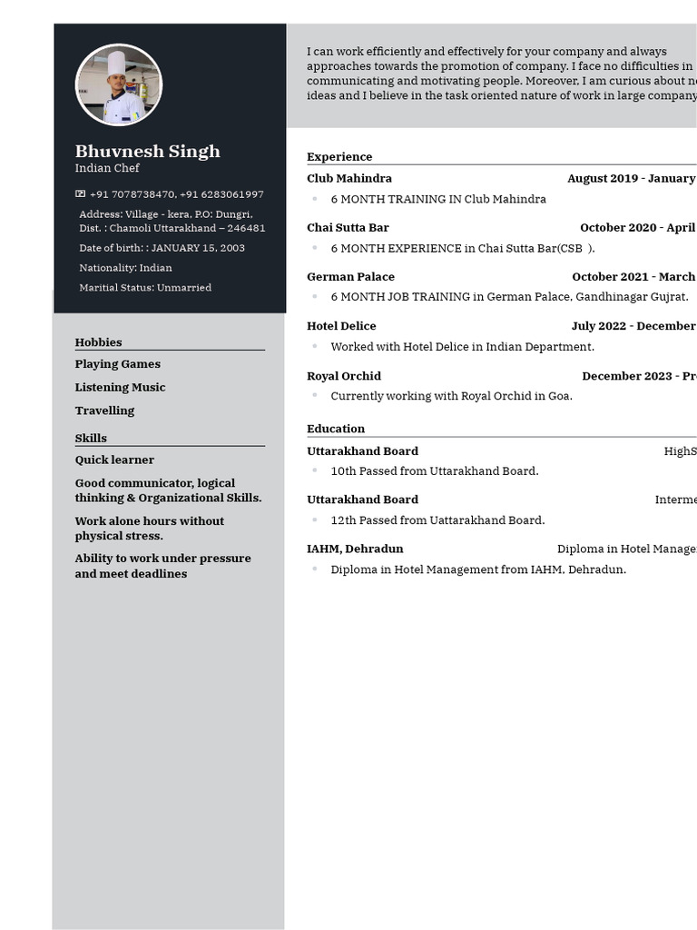 Bhuvnesh Singh: Indian Chef Profile | PDF