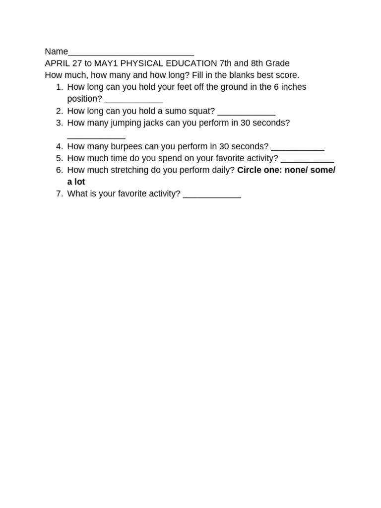 PE Challenge for 7th & 8th Graders | PDF