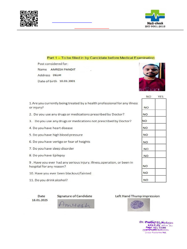 Amresh - Pandit - Medical Certificate | PDF | Blood Pressure | Medical Specialties