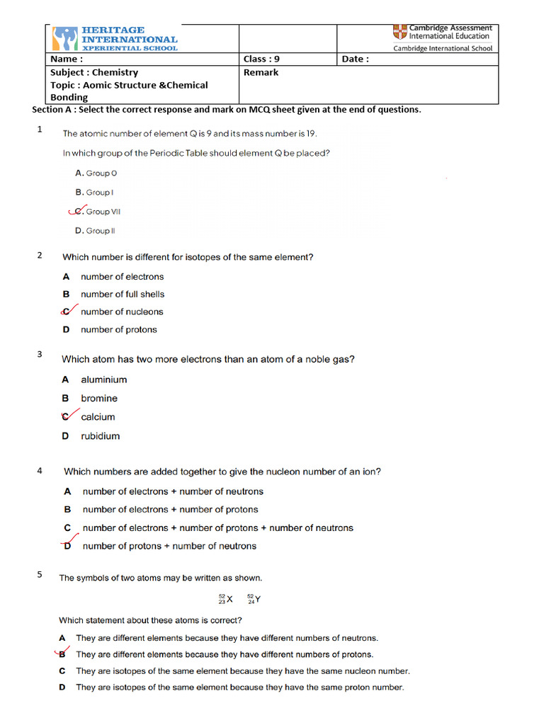 FA Atomic Structure and Chemical Bonding - Answer Key | PDF