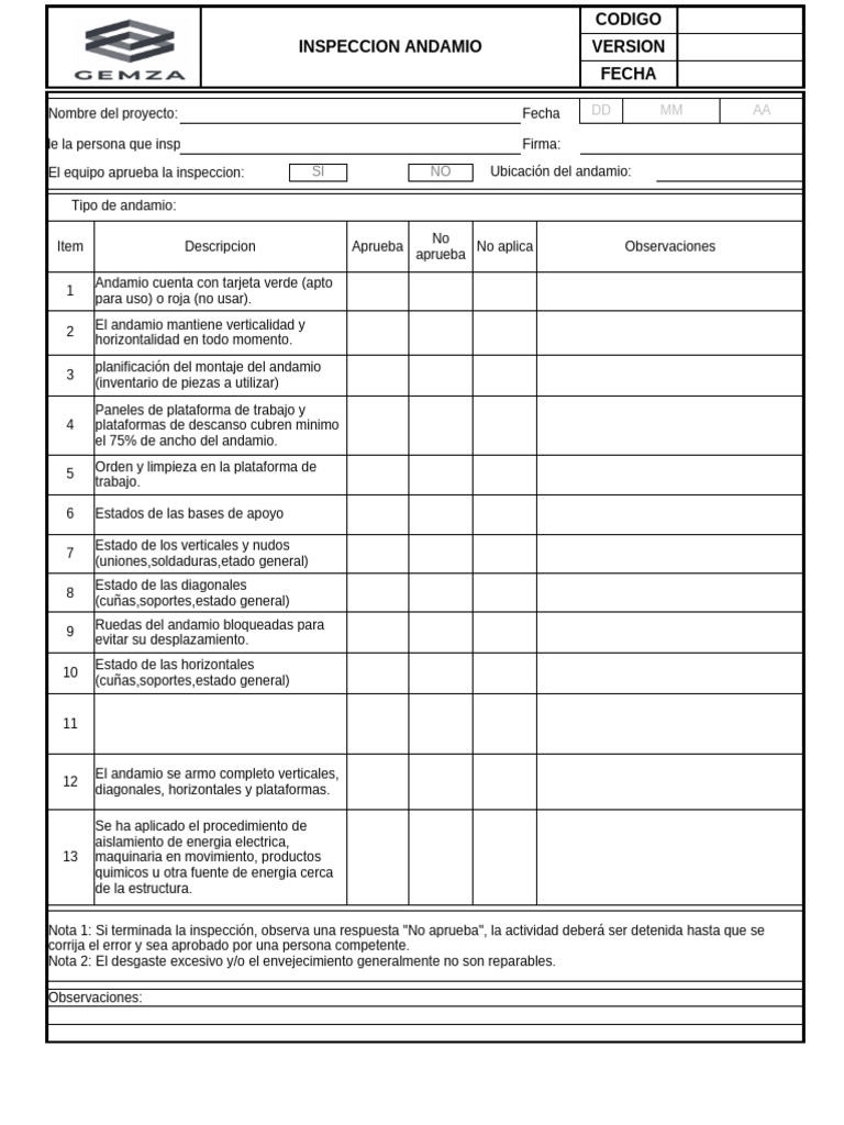 Formato Inspeccion de Andamio | PDF