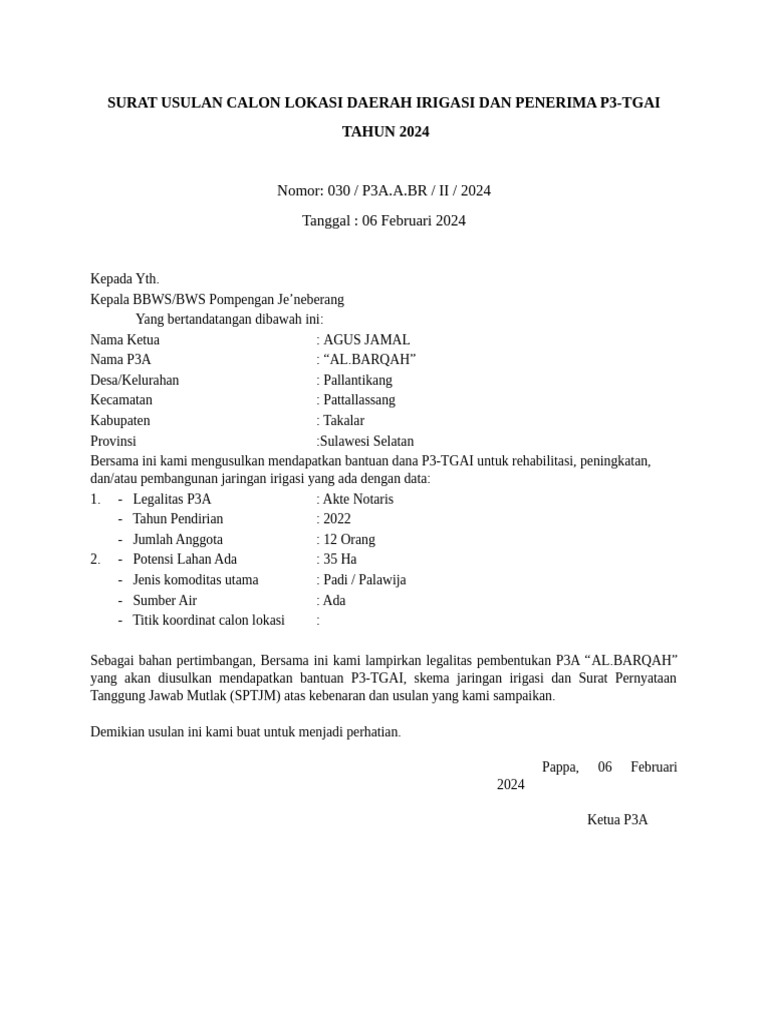 SURAT USULAN CALON LOKASI DAERAH IRIGASI DAN PENERIMA P3 Salinan | PDF