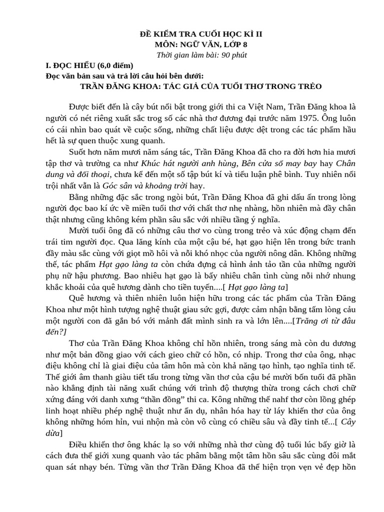 De Thi Cuoi Ky 2 Ngu Van 8 | PDF