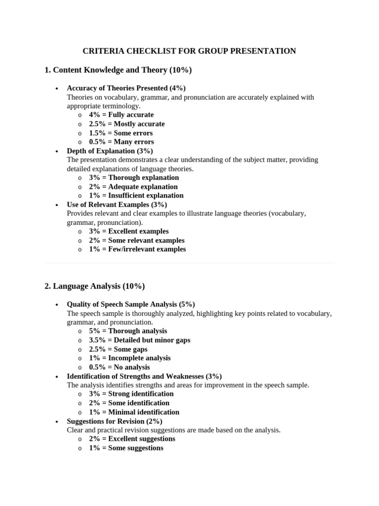 Criteria Checklist For Group Presentation | PDF | Theory | Vocabulary