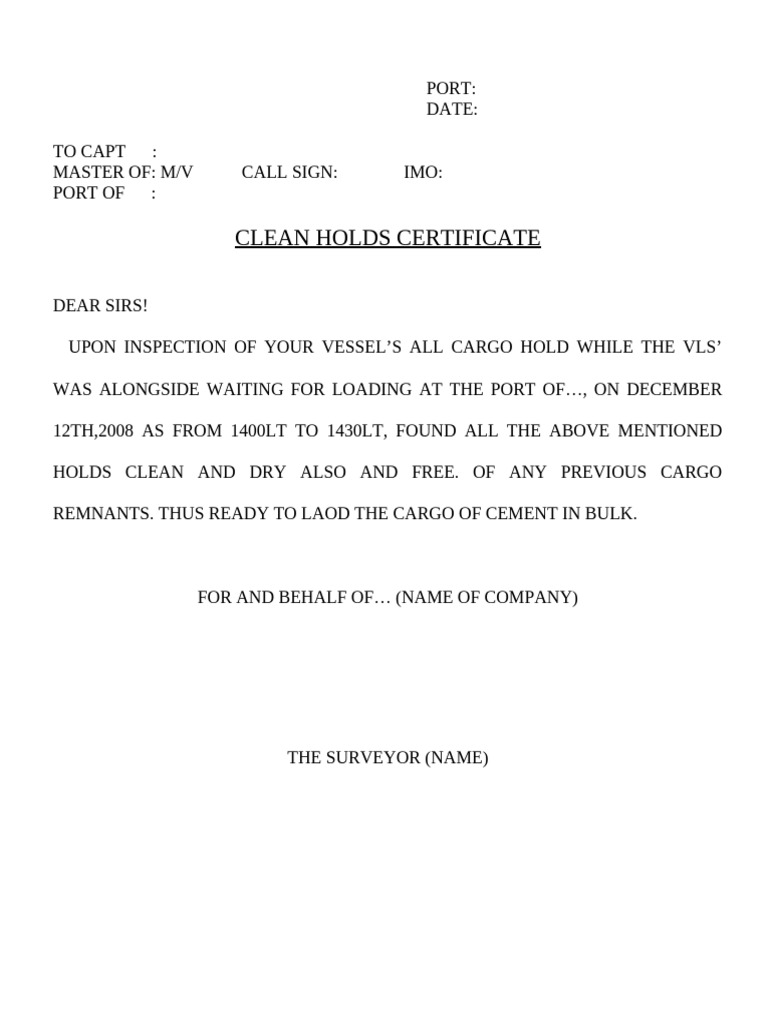 Clean Holds Certificate for Vessel | PDF