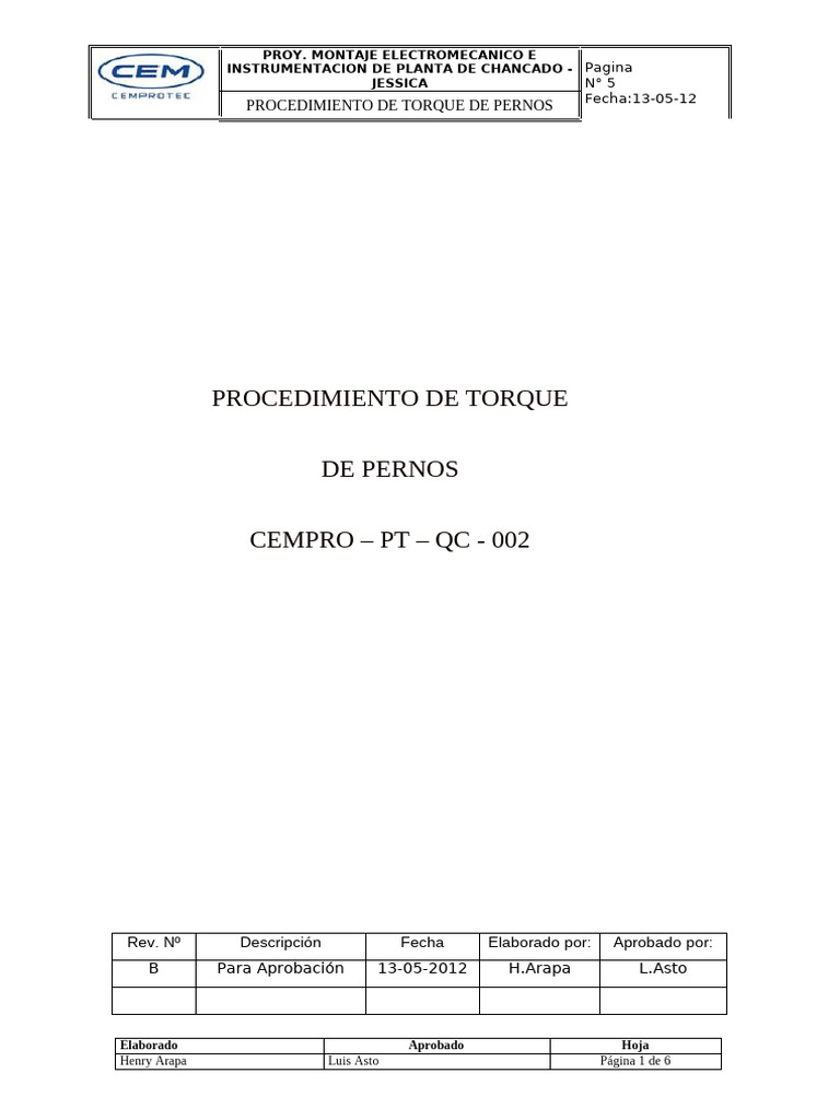 Procedimiento de Torque de Pernos Cempro-Pt-Qc-002 Rev.b | PDF | Tornillo | Ingeniería mecánica